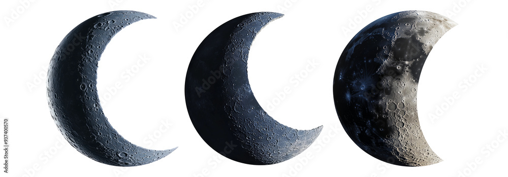 Crescent moons set isolated on transparent background, various phases ...