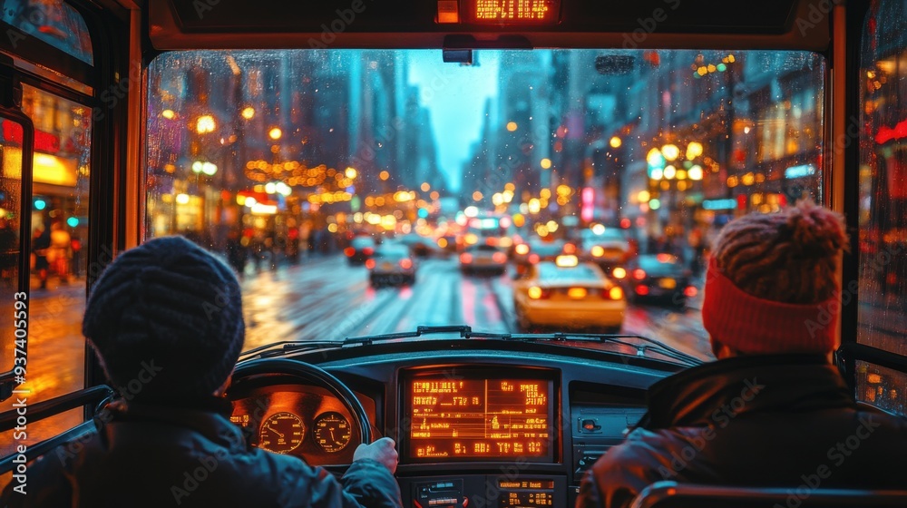 Bus driver navigating city bus through busy urban streets at night with ...