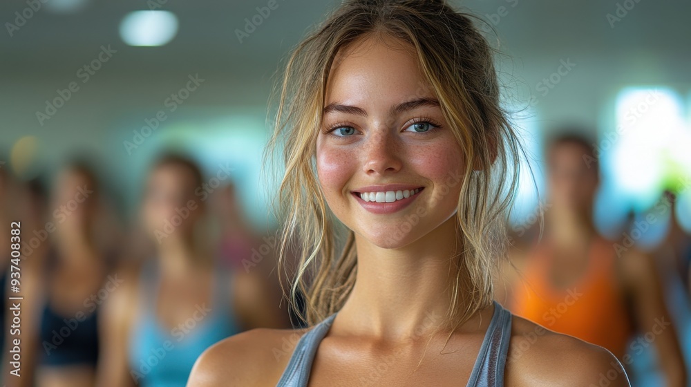 Young woman fitness instructor leading a vibrant group fitness class ... Young woman fitness instructor leading a vibrant group fitness class ...