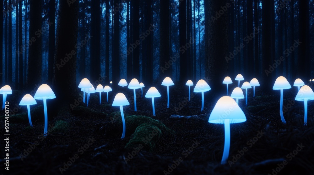 Ethereal fairies and glowing mushrooms in a double exposure forest ...