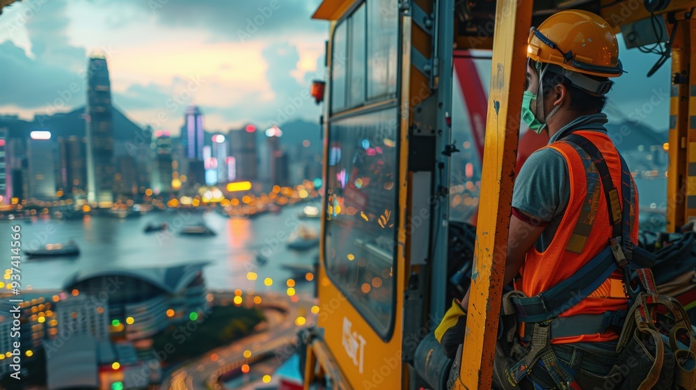 Precision Crane Operator: On a high-rise, a construction worker, donned ...