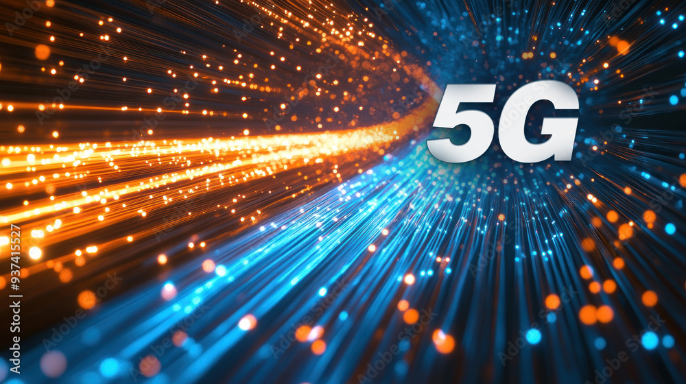 Blue And Orange Light Streaks Futuristic Light Speed 5g Optical Fiber ...