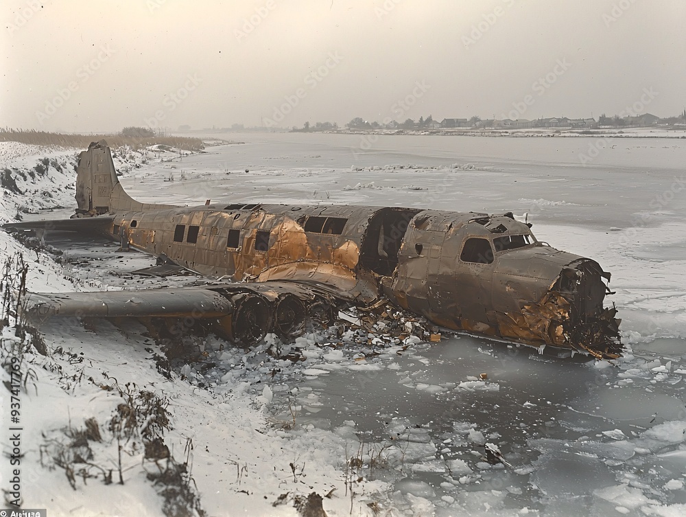 A plane crash on a frozen lake, with the ice cracking beneath the ...