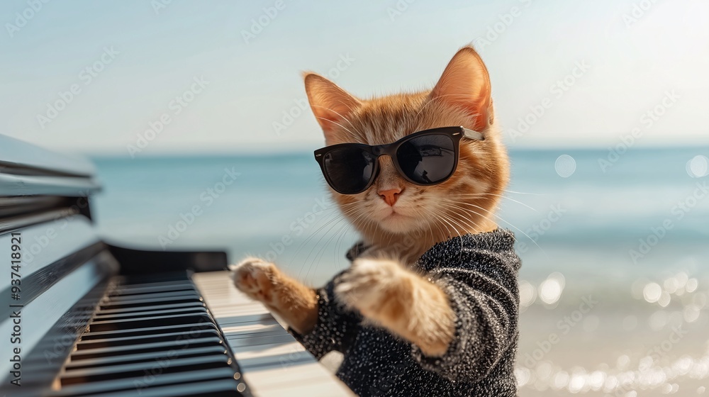 Cool Cat Pianist: A stylish ginger cat in sunglasses, playing the piano ...