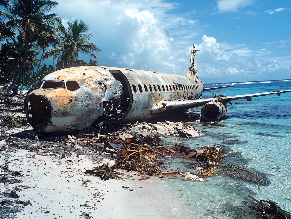 A commercial airliner crash on a remote island, with palm trees ...