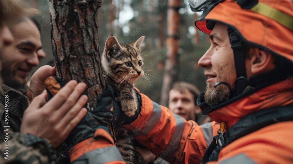 Firefighter rescuing a cat from a tree: Dressed in full gear, a ...