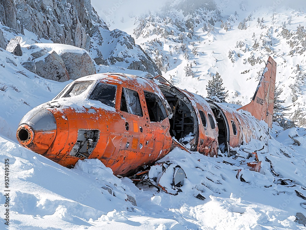A small private jet crash site on a snowy mountain, with debris ...