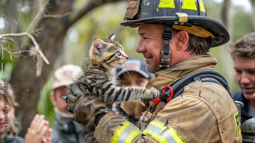 Firefighter rescuing a cat from a tree: Wearing full firefighting gear ...