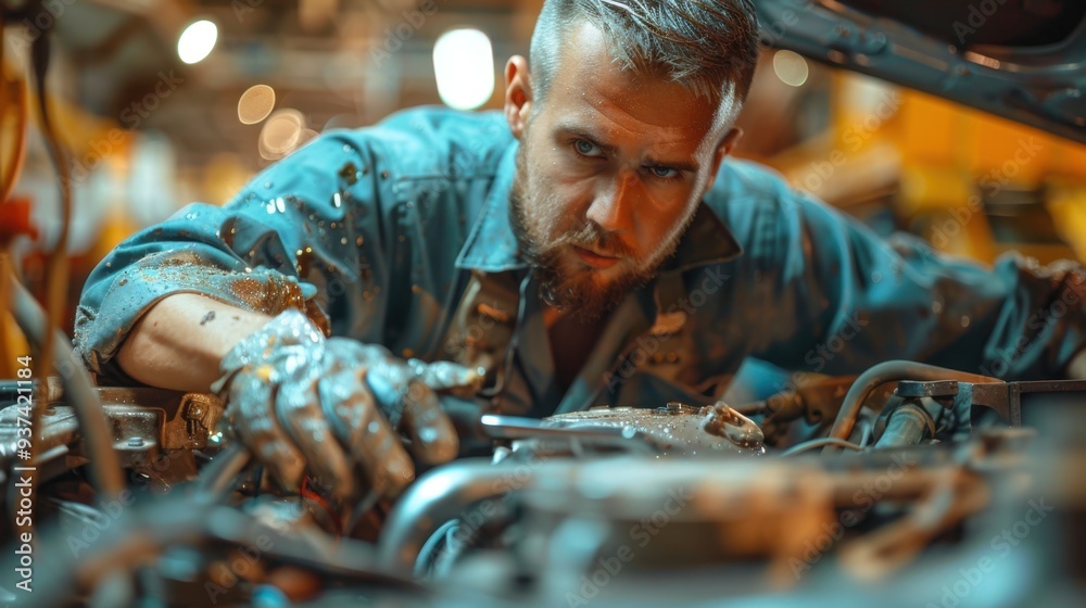 Mechanic working under a car: A mechanic, in a grease-stained jumpsuit ...