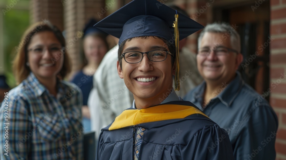 College Graduate: Wearing cap and gown, the graduate stands proudly ...