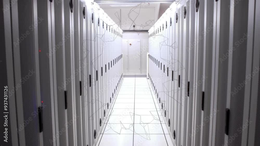 Geometric shapes animation over corridor of server racks in data center ...