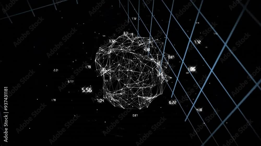 Geometric shapes and numbers animation over grid lines on black ...