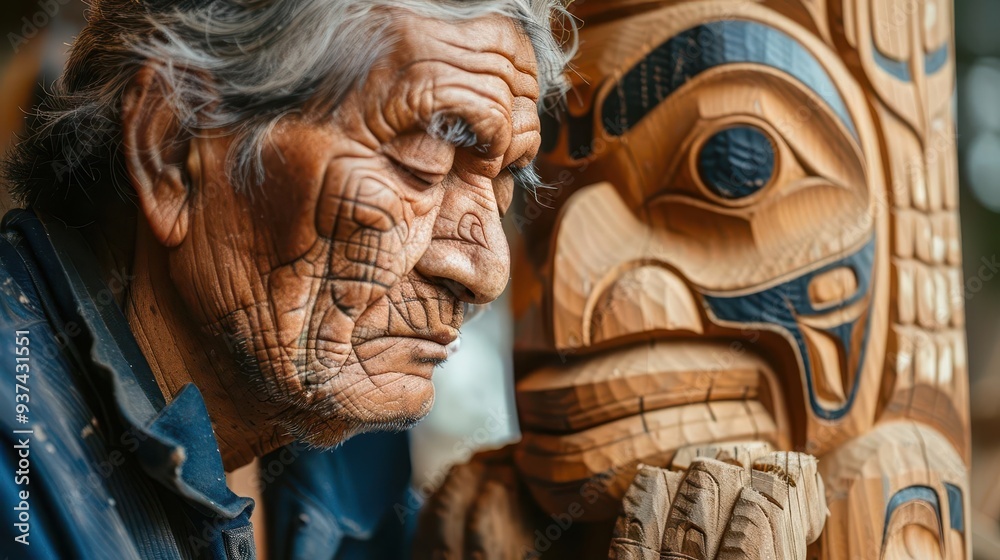 Native American craftsman carving a wooden totem pole, Fantasy, Earthy ...