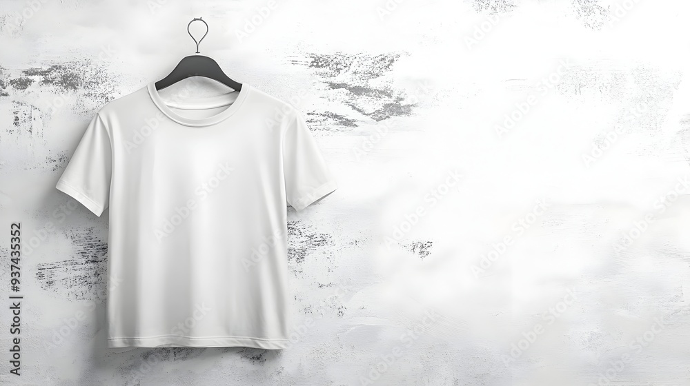 Blank t shirt mockup hanging on a hanger against a plain background ...