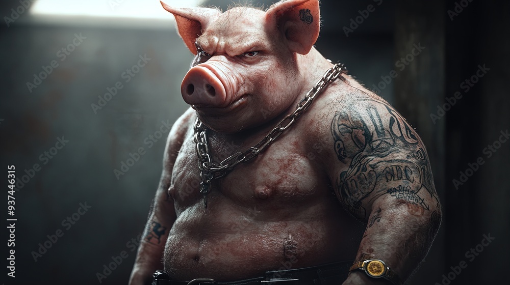 Muscular Anthropomorphic Pig with Tattoos: A Tough Law Enforcement Icon ...