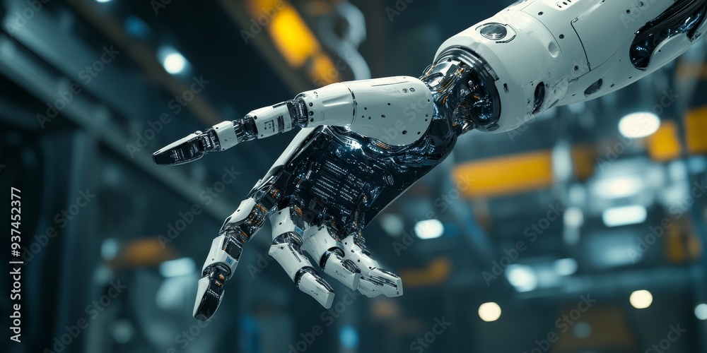Focused image of a robotic arm controlled by machine learning, precise ...