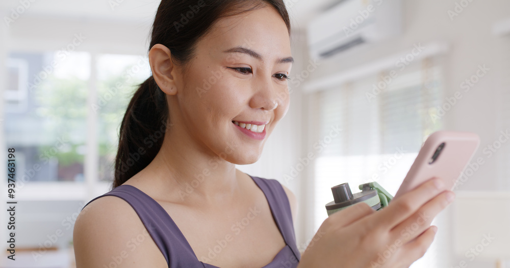 Young asia active teen slim fit girl finish morning routine yoga at ...