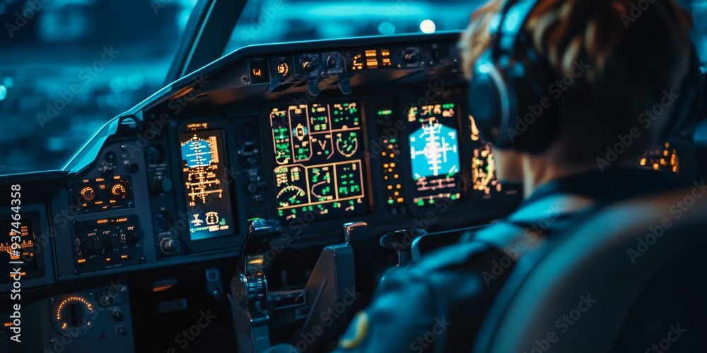 a VR flight training cockpit, controls and indicators lit up, user ...