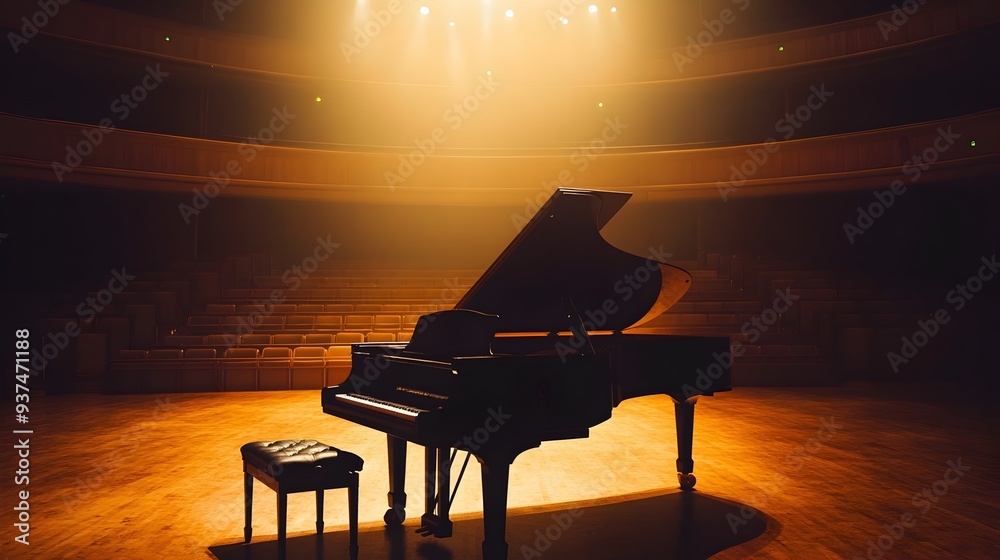 Majestic grand piano taking center stage in a dimly lit sophisticated ...