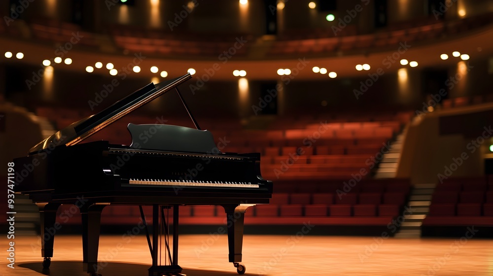 A grand piano stands resplendent on the dimly lit stage of a grand ...