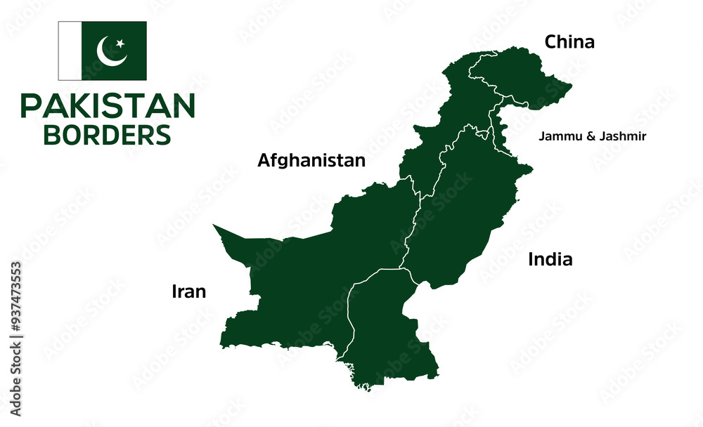 Vetor de Pakistan map with Flag. Pakistan border map with names of ...