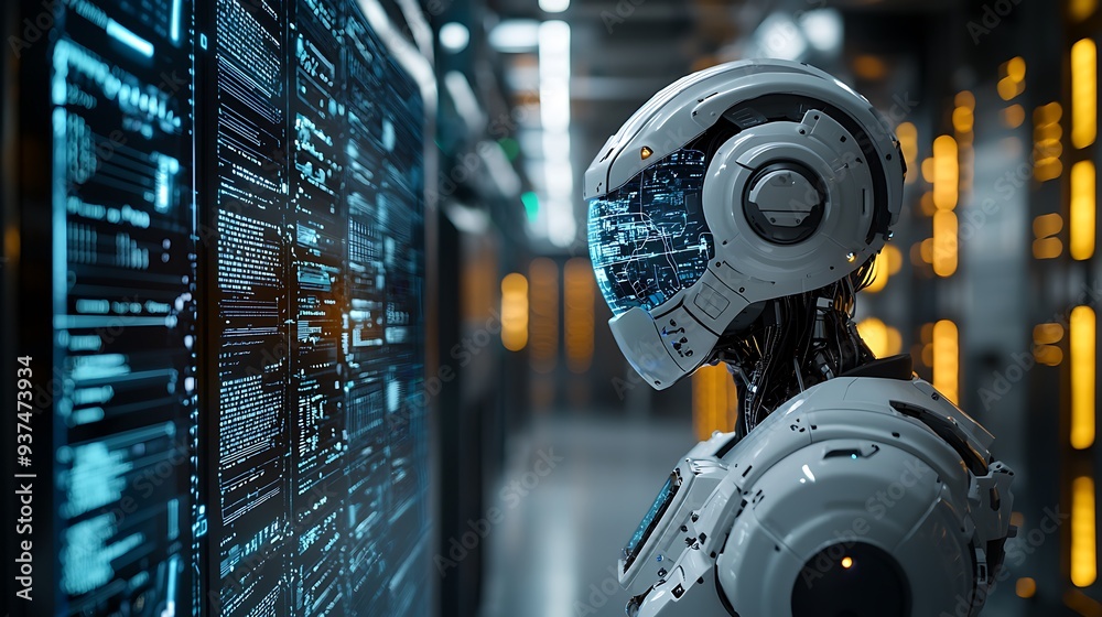 AI robot looking at server rack with data, illustrating the critical role of AI in managing and ...