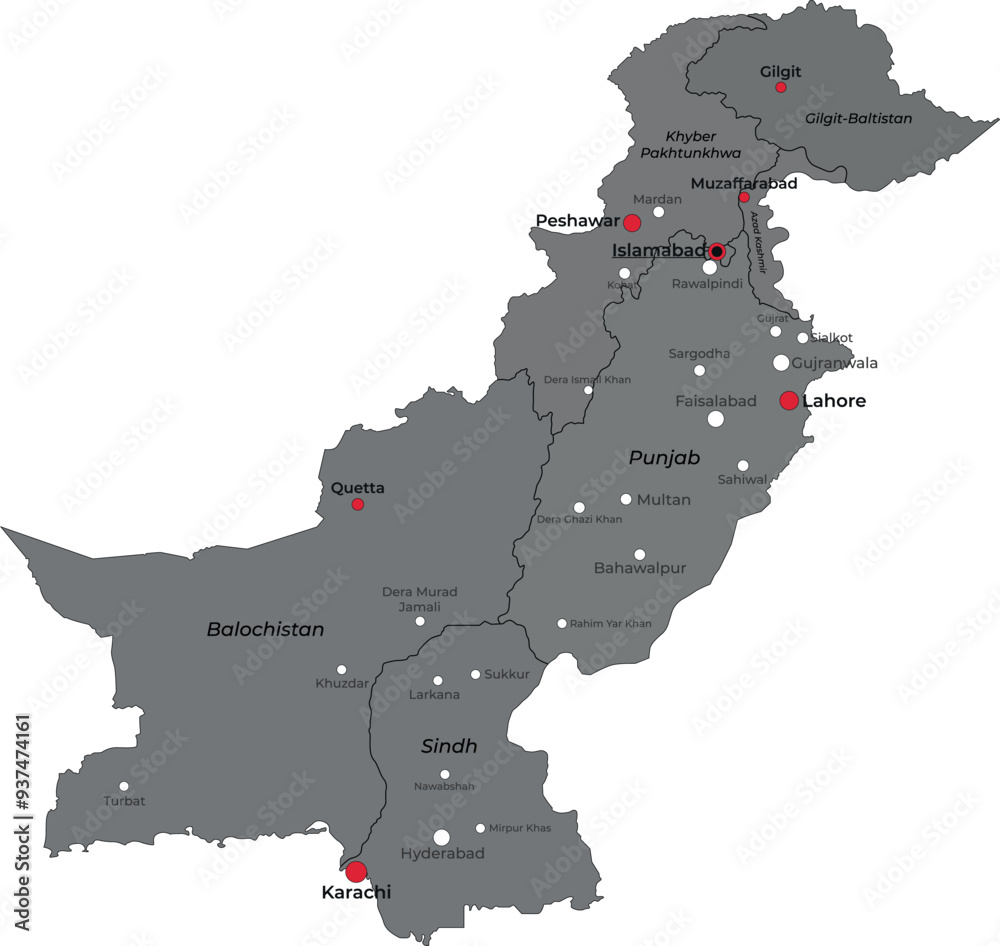 Pakistan Map with States and Major Cities Stock Vector | Adobe Stock