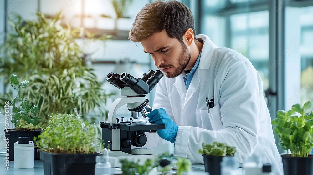 Researcher using a microscope to study plant cells in a botany lab ...