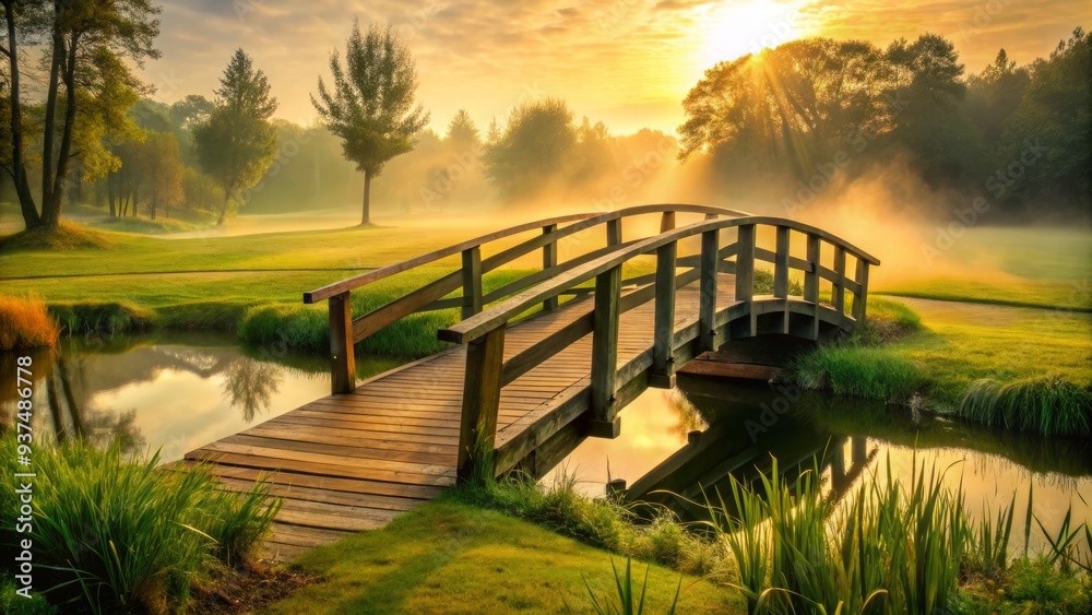 Golden light illuminates a tranquil meadow, where a worn wooden bridge ...