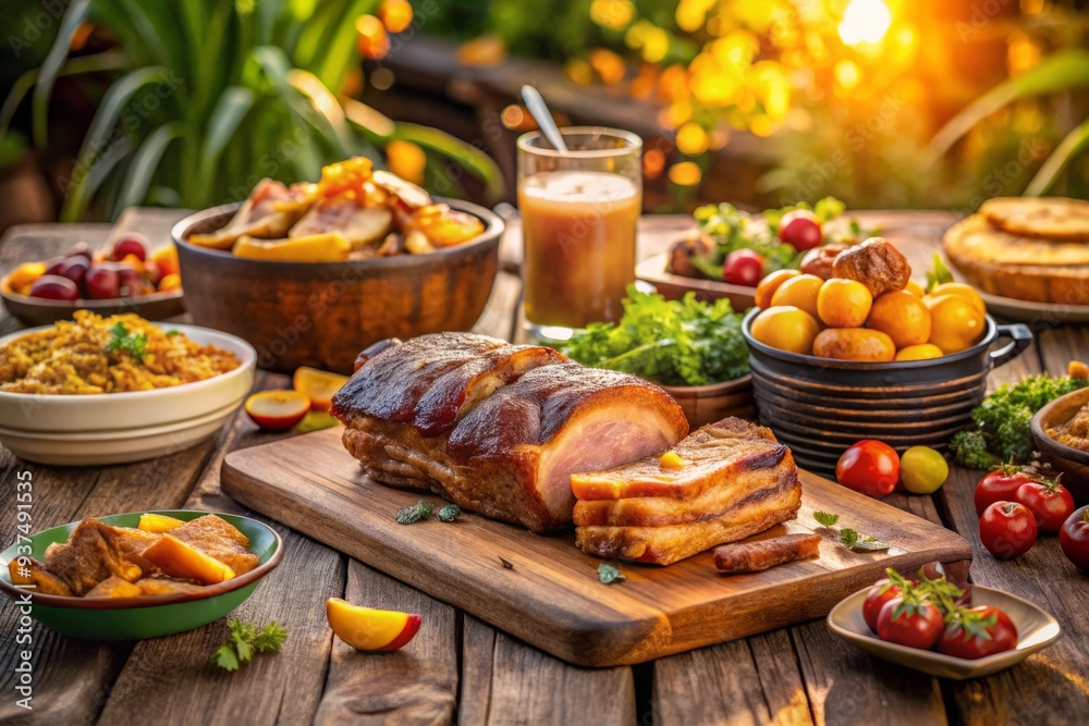 porktastic sunset feast smoky rustic wooden tablescape slow cooked pork ...