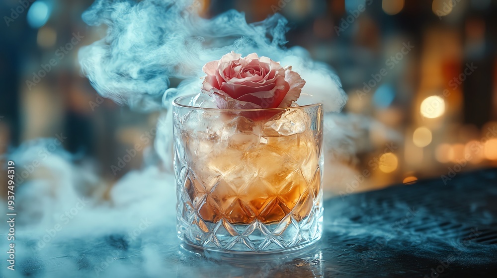 Cocktail with a floating edible flower and dry ice fog, presented in a ...