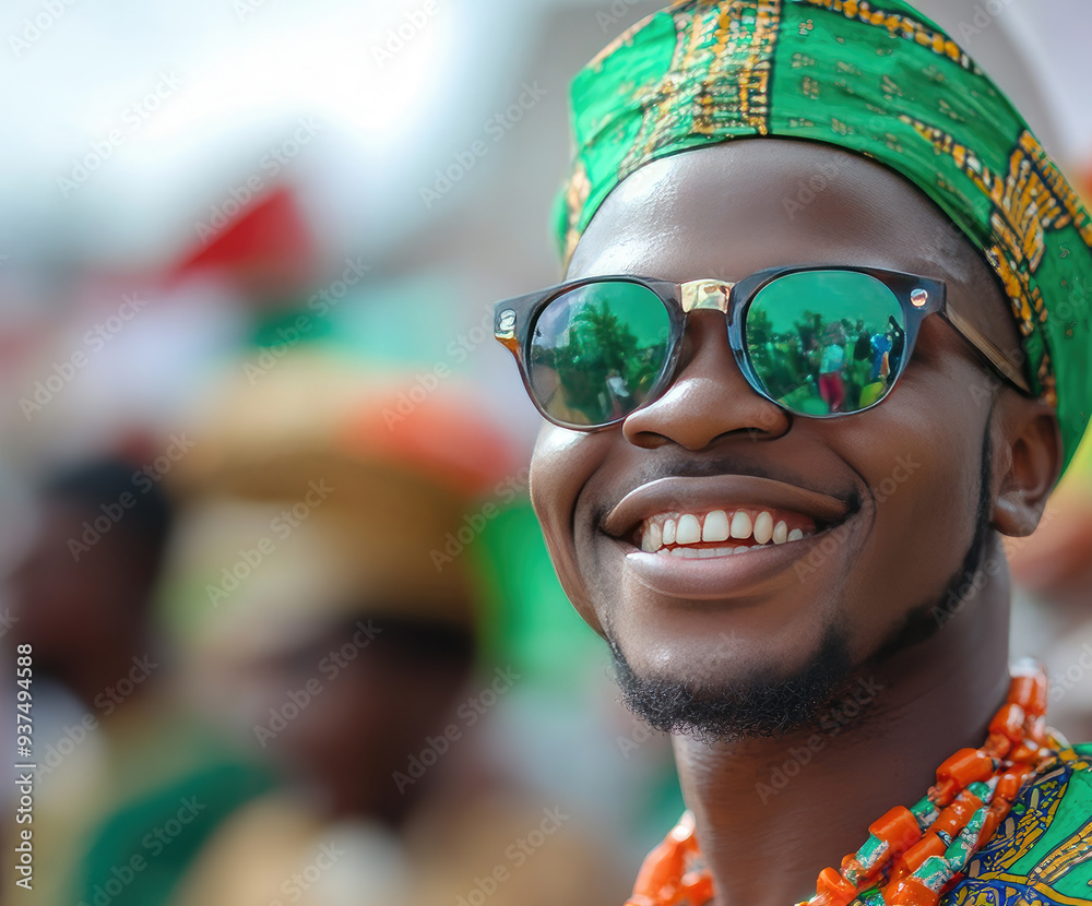 Nigerian man smiles widely, adorned in traditional green attire ...