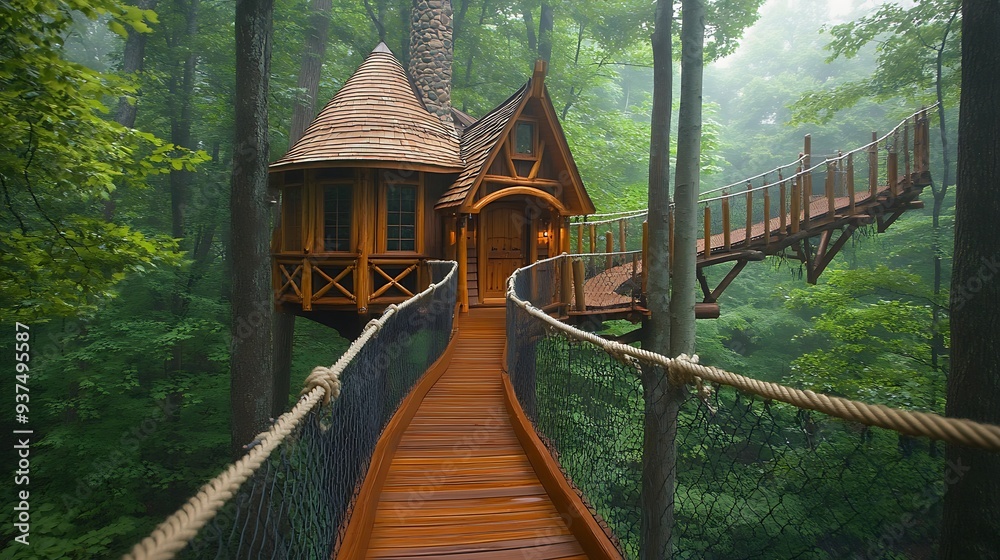 Treehouse with multiple levels, rope bridges, and wooden walkways ...