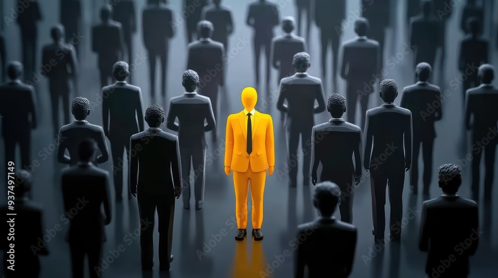 Yellow figure standing out among black business people showing strong ...