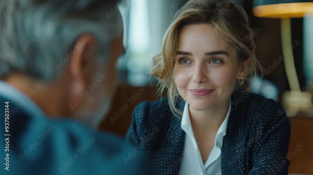 Office Interview: In a sophisticated office, a female recruiter sits ...