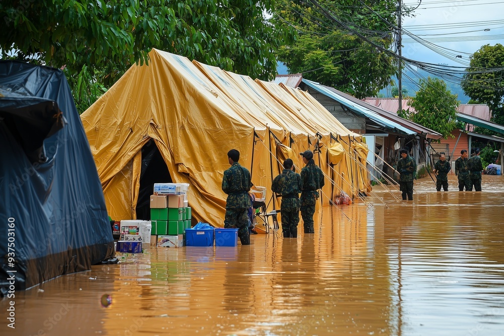 Emergency response teams setting up a temporary shelter for flood ...