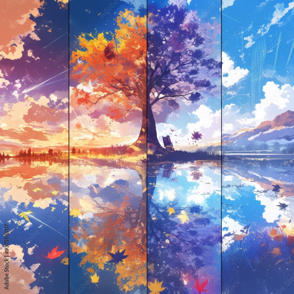 Enchanting Four Seasons Tree Reflection: Dreamy Anime-Style ...