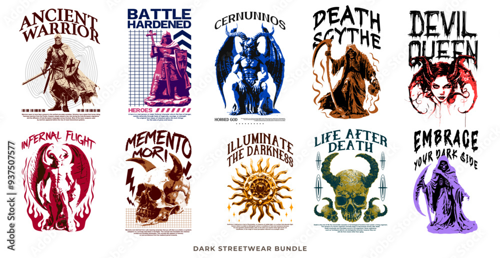 Dark streetwear graphic set, horror t shirt design bundle, streetwear ...