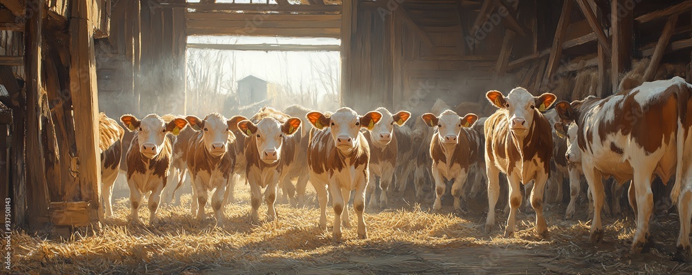 Young calves feeding in a wellmaintained barn, cattle farming, humane ...