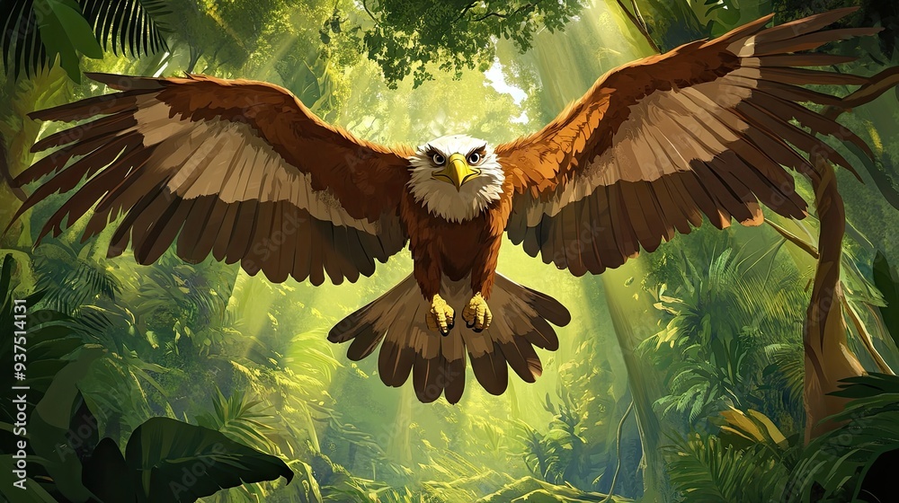 Cartoon Philippine eagle, soaring above a tropical rainforest with a ...