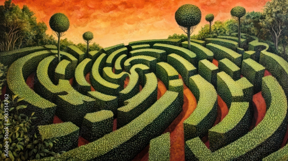 Sunset Garden Maze - A beautifully designed hedge maze under a vibrant ...