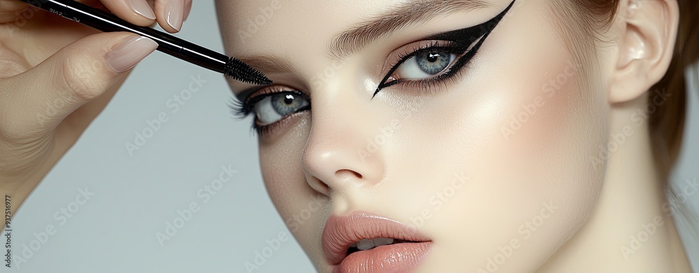 Design a photo of a model demonstrating emo eyeliner application with a ...