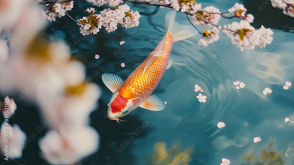 Japanese koi fish swimming gracefully in a peaceful pond, surrounded by ...