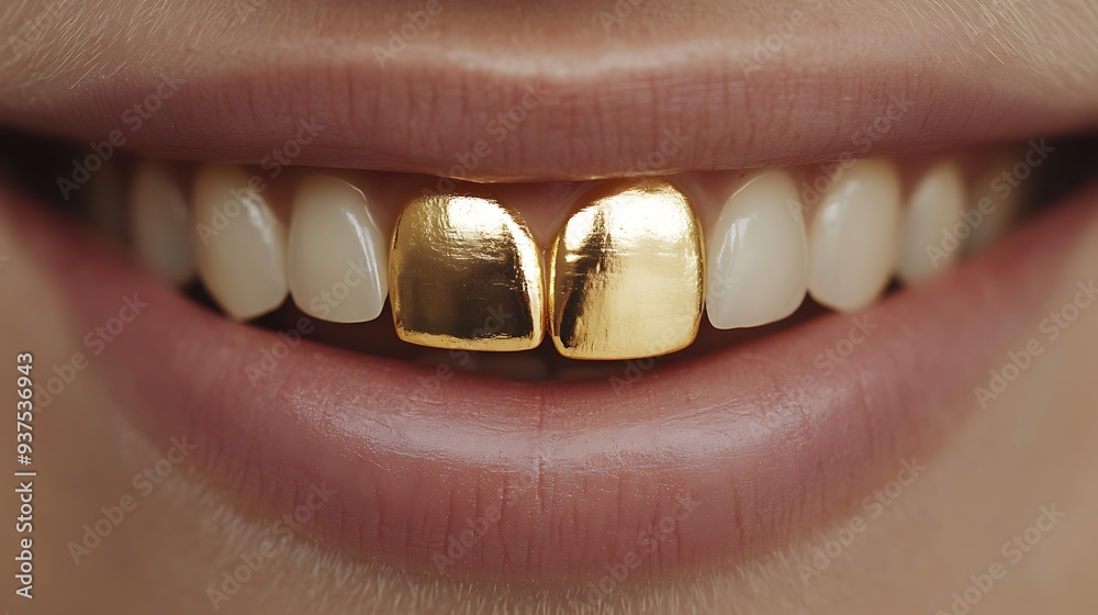Smiling mouth with a gold tooth, adding a unique touch to the smile ...