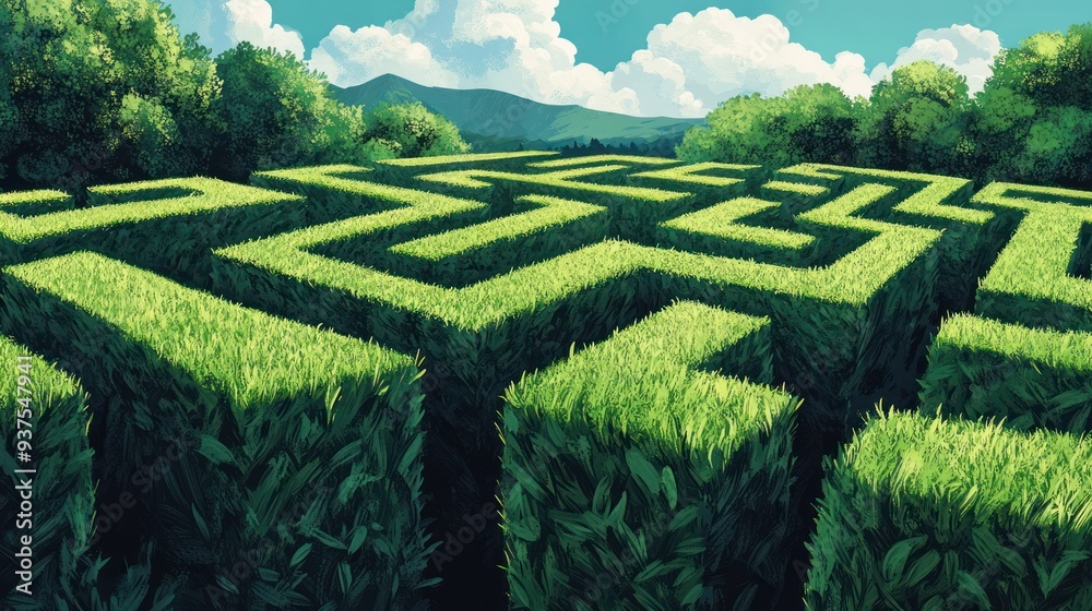 Lush Green Hedge Maze - A vibrant, lush green hedge maze with perfectly ...