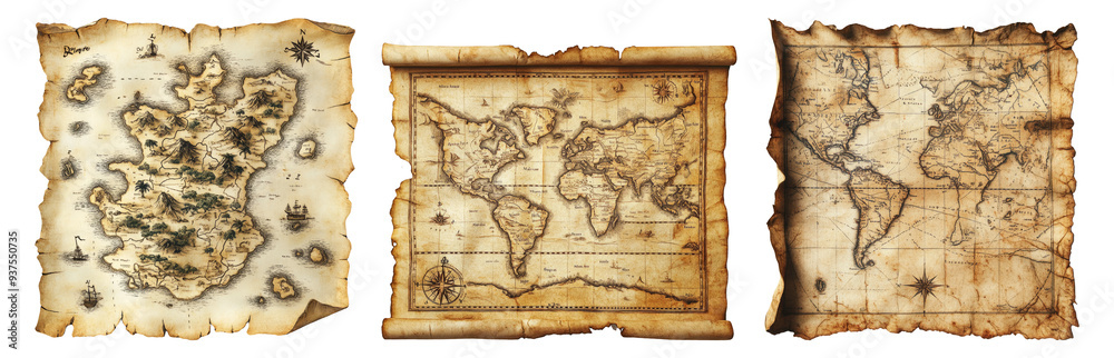 Old world map set isolated on transparent background Stock Illustration ...