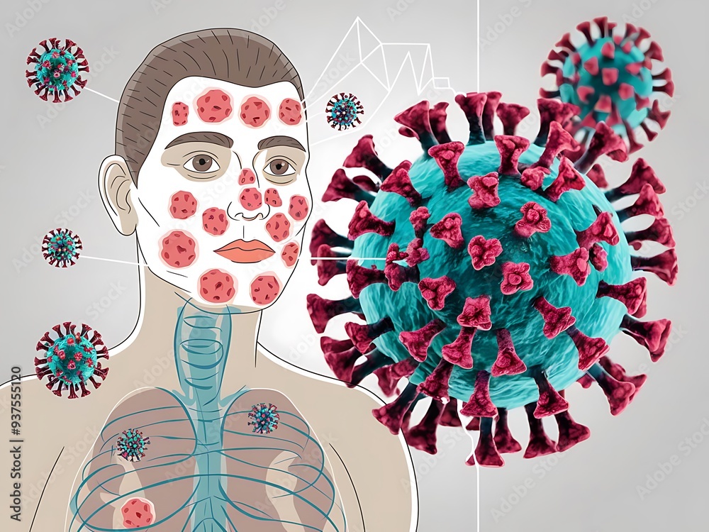 illustration depicting a human affected by monkeypox infection. The ...