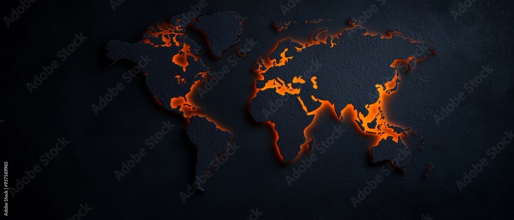 Black and orange globe map against a black backdrop, featuring a red ...