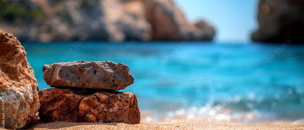 A stack of rocks atop a sandy beach, adjacent to a body of water ...