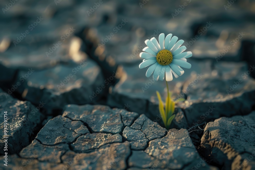 One daisy flower sprouts through dry cracked soil. Symbol of soul ...